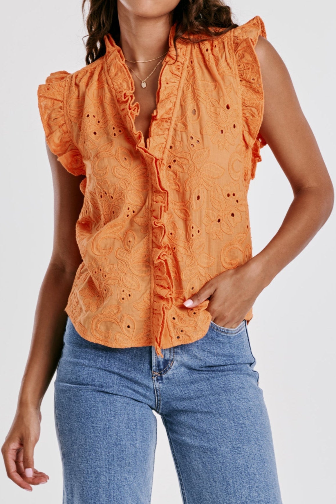 ELLIE RUFFLE SHIRT APRICOT CRUSH EMBROIDERED – DEAR JOHN DENIM